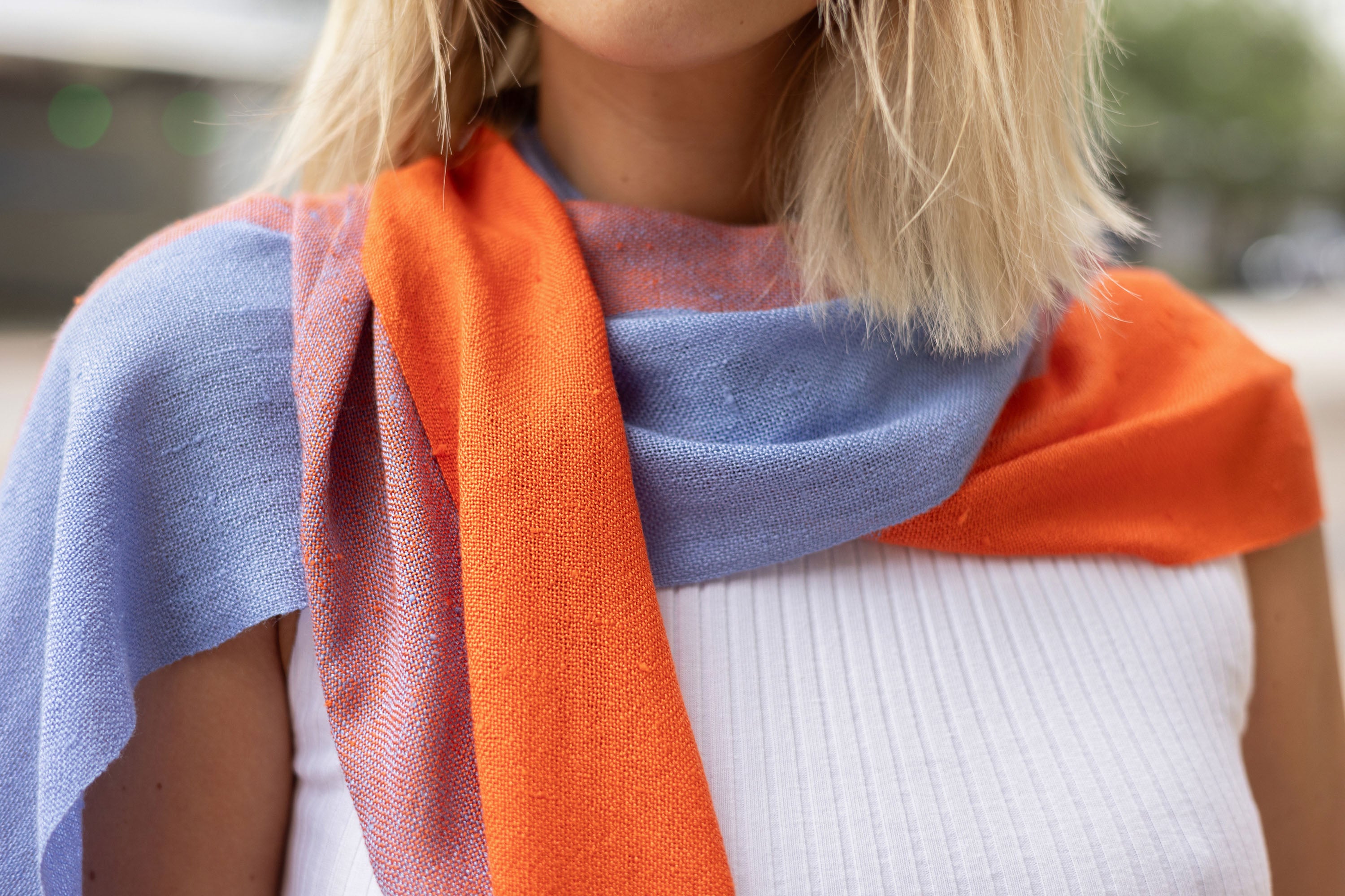 Apricot + Blue Handwoven Scarf with Up-Cycled Exclusive Yarns – Carrie ...